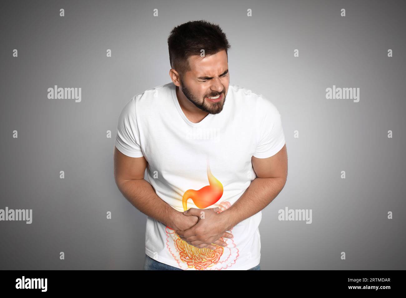 Healthcare service and treatment. Man suffering from abdominal pain on ...