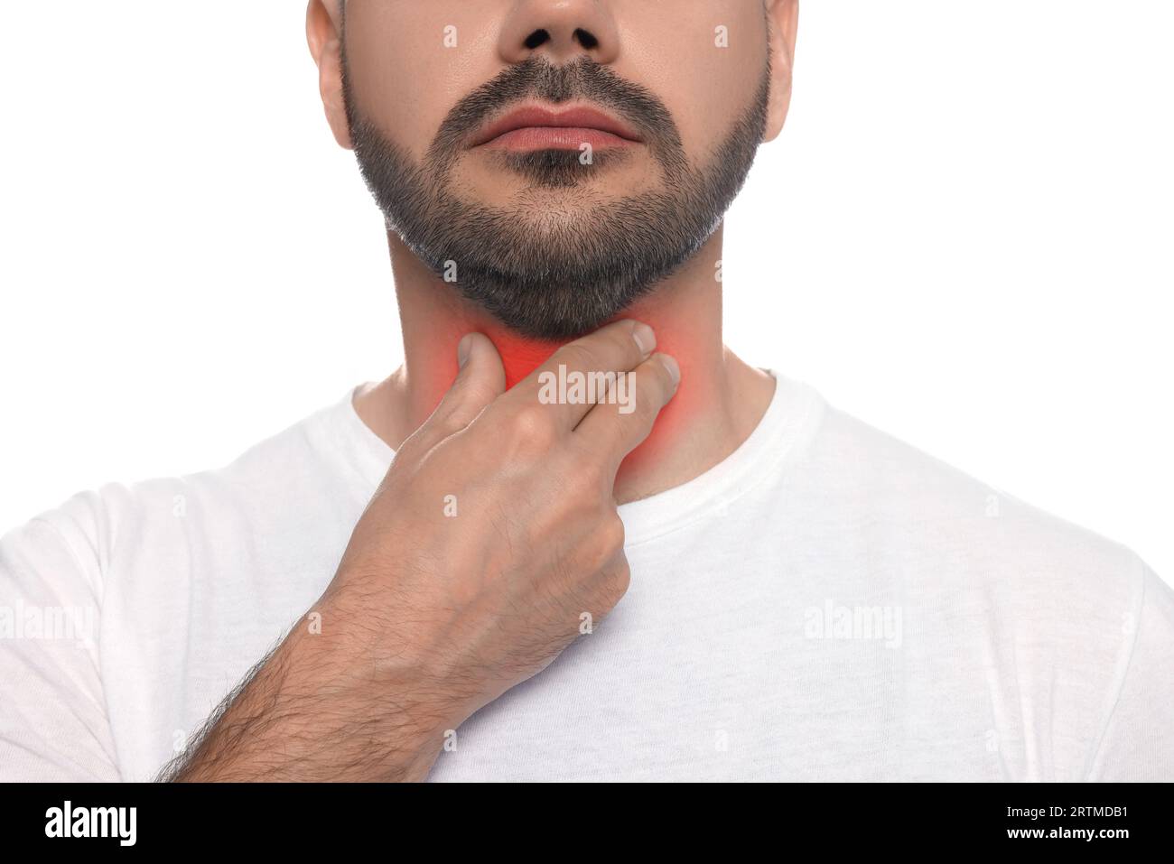 Endocrine system. Man doing thyroid self examination on white ...