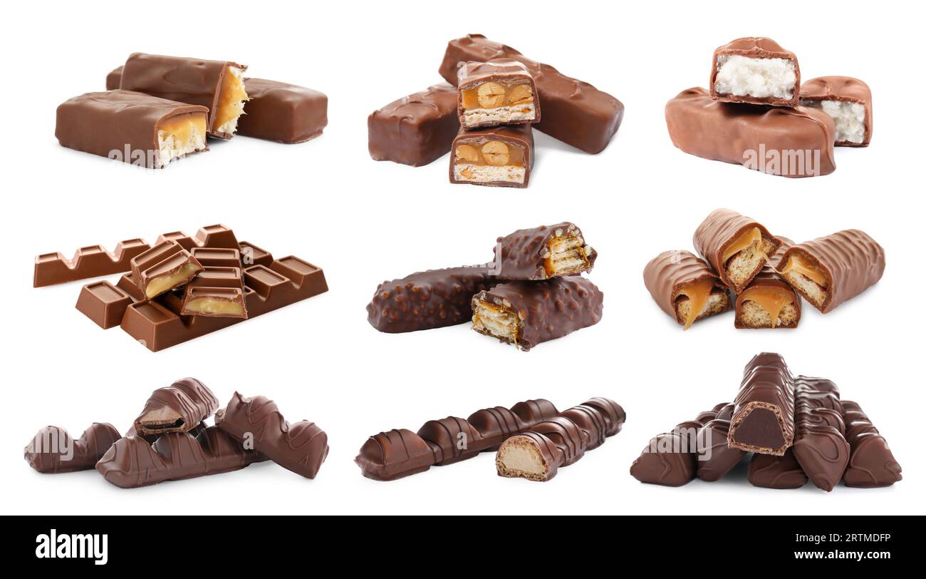 Set with many yummy chocolate bars isolated on white Stock Photo - Alamy