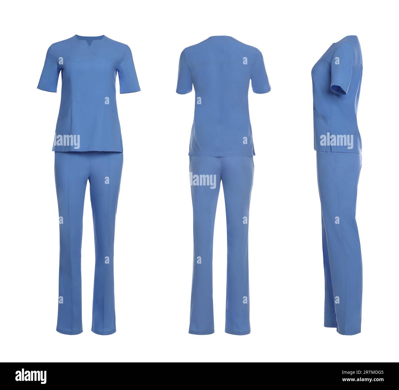 Blue medical uniform isolated on white, collage with back, side and ...