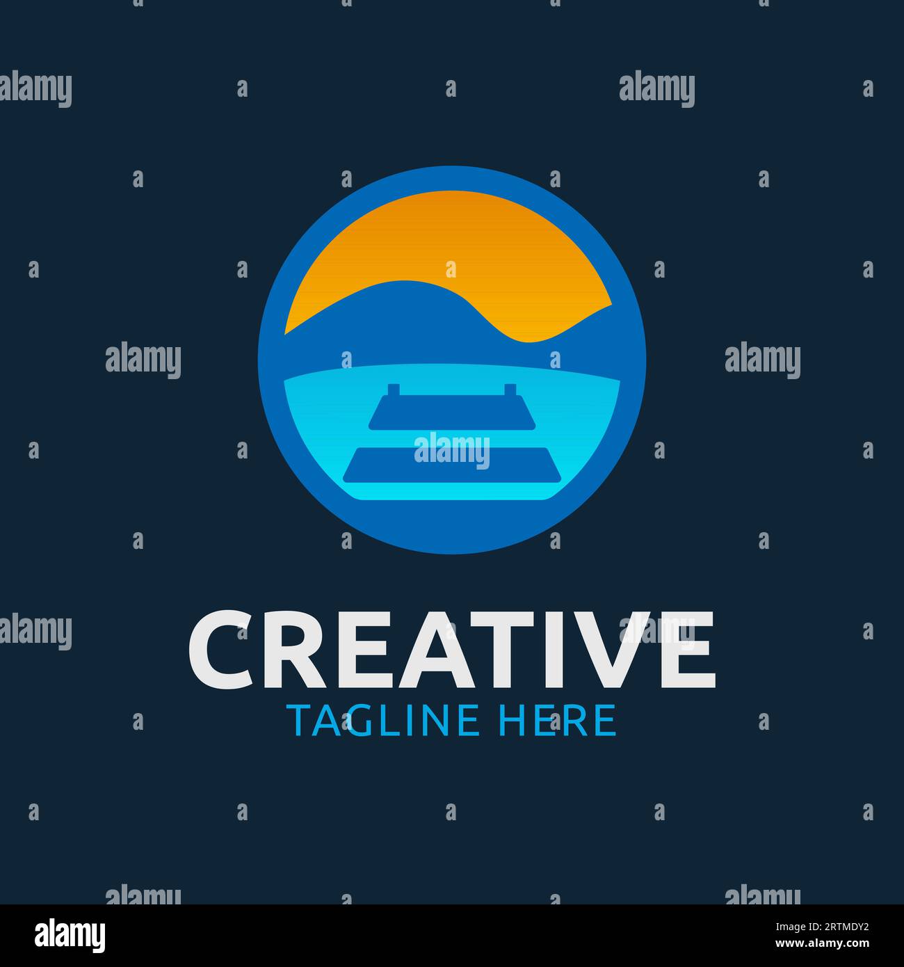 Rounded ocean dock logo with blue, dark blue and orange on dark ...