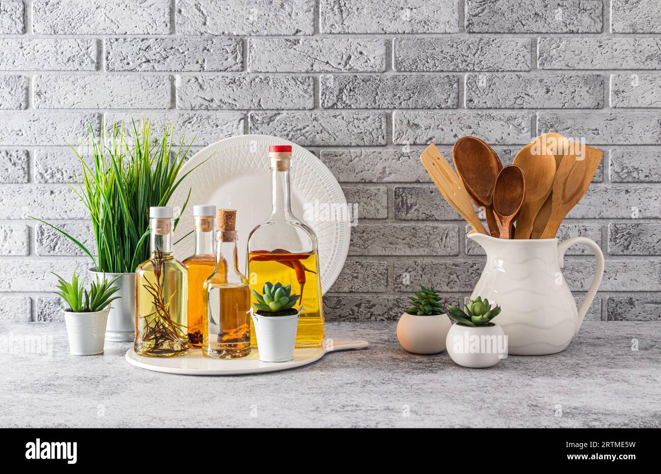 Beautiful kitchen backdrop of modern countertops with different storage ...