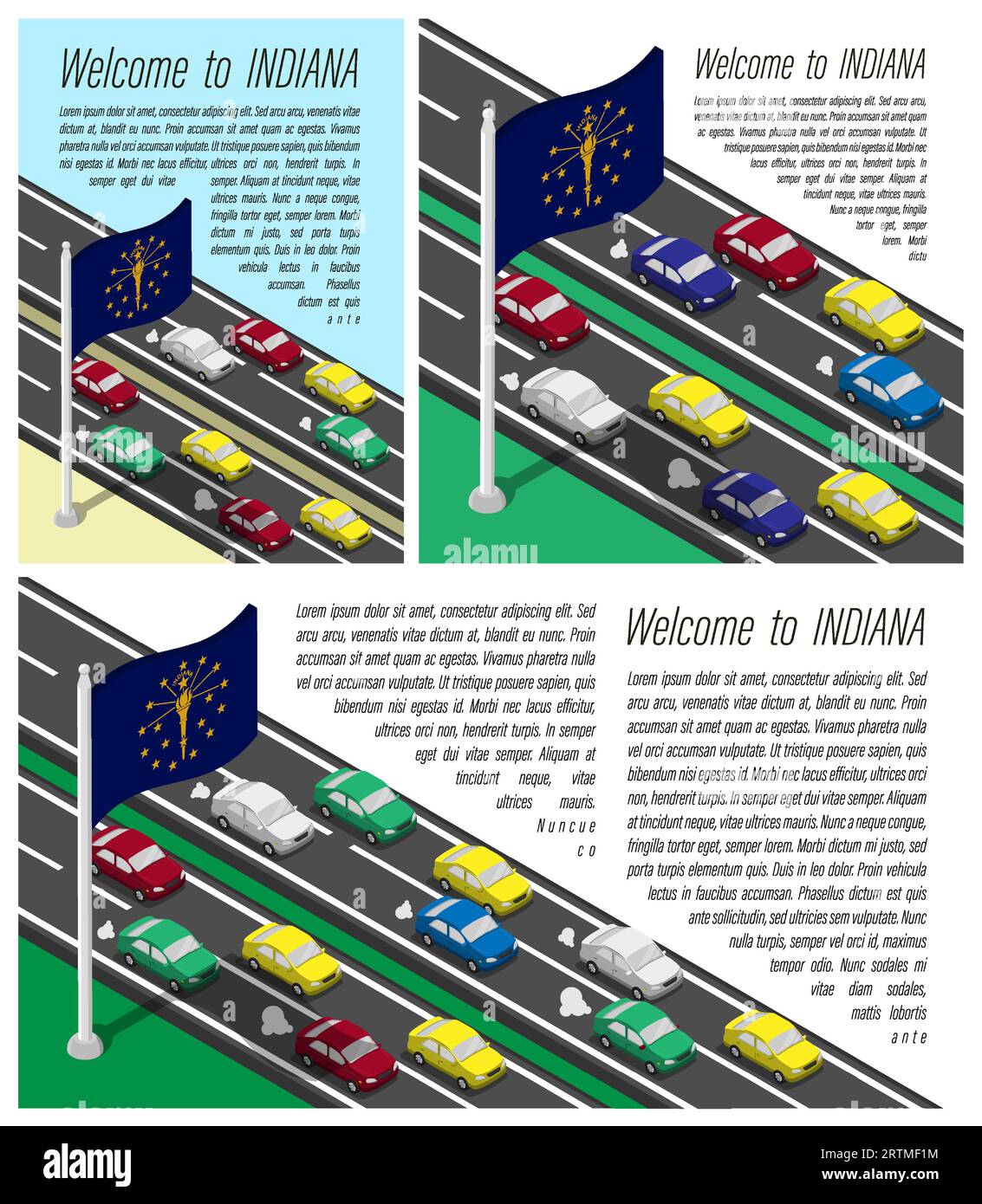 Isometric flag of US state of Indiana on flagpole fluttering in wind ...