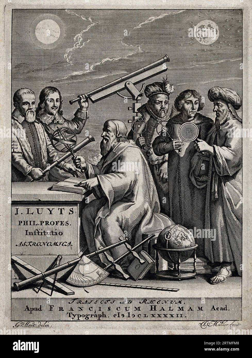 Copernicus and five other astronomers with astronomical instruments ...