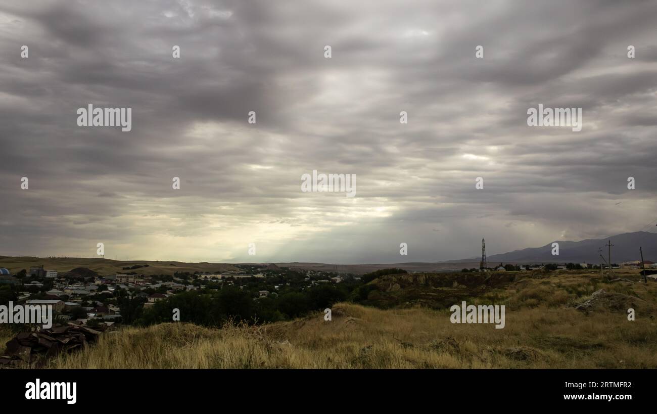 Overcast sky with dark clouds. Dark sky before a thunder-storm. The ...