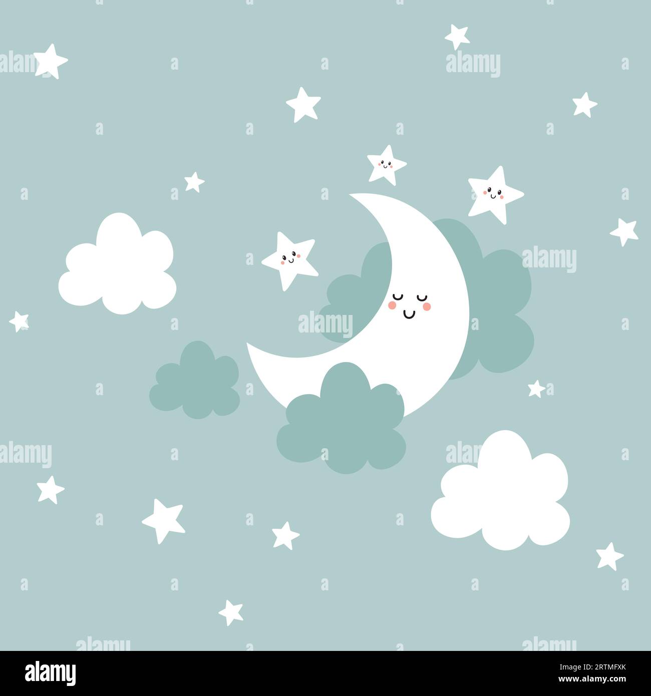 Cute background with sleeping moon, stars and clouds. Vector ...