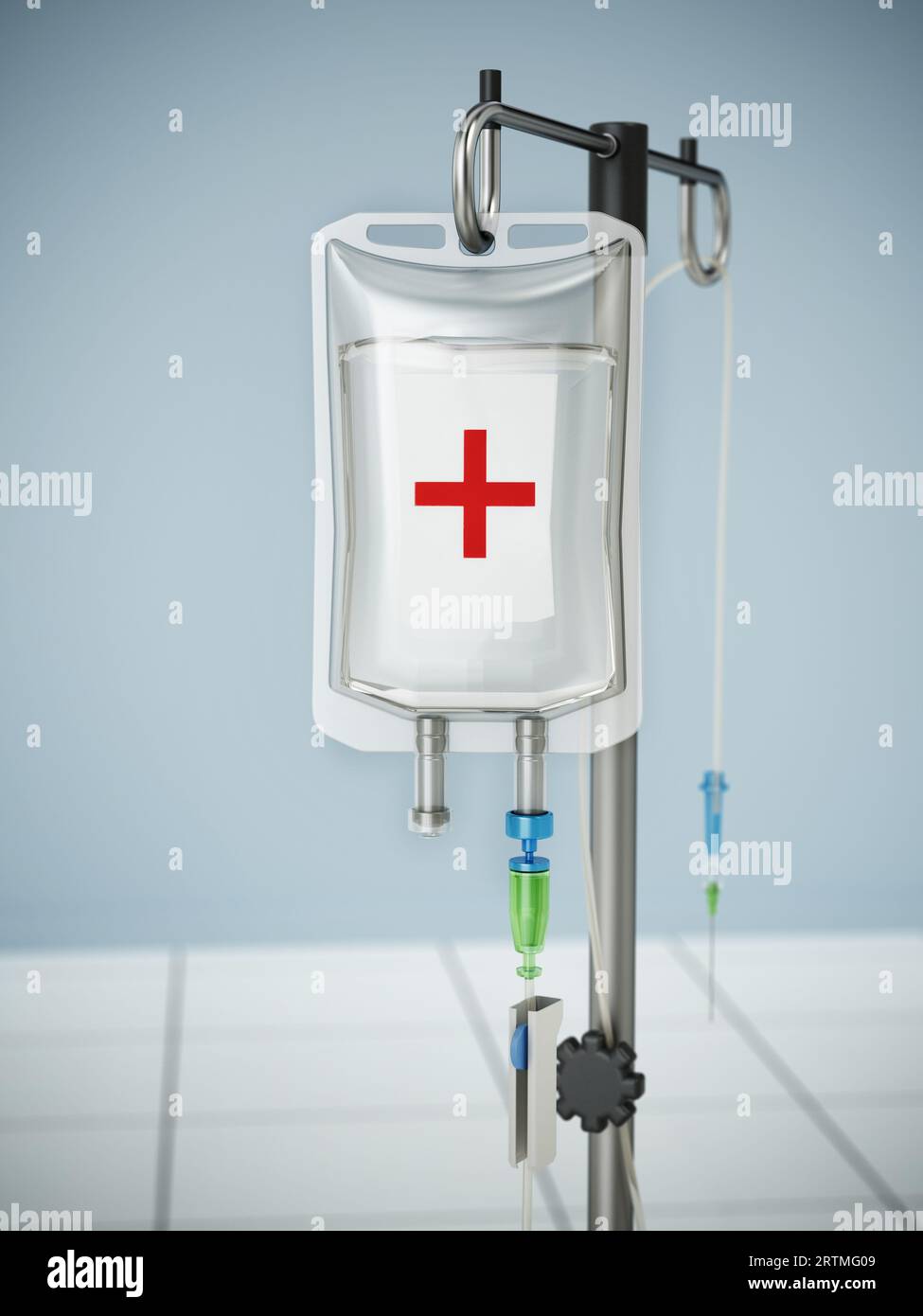 Wheeled adjustable IV pole with serum bag in hospital corridor. 3D ...