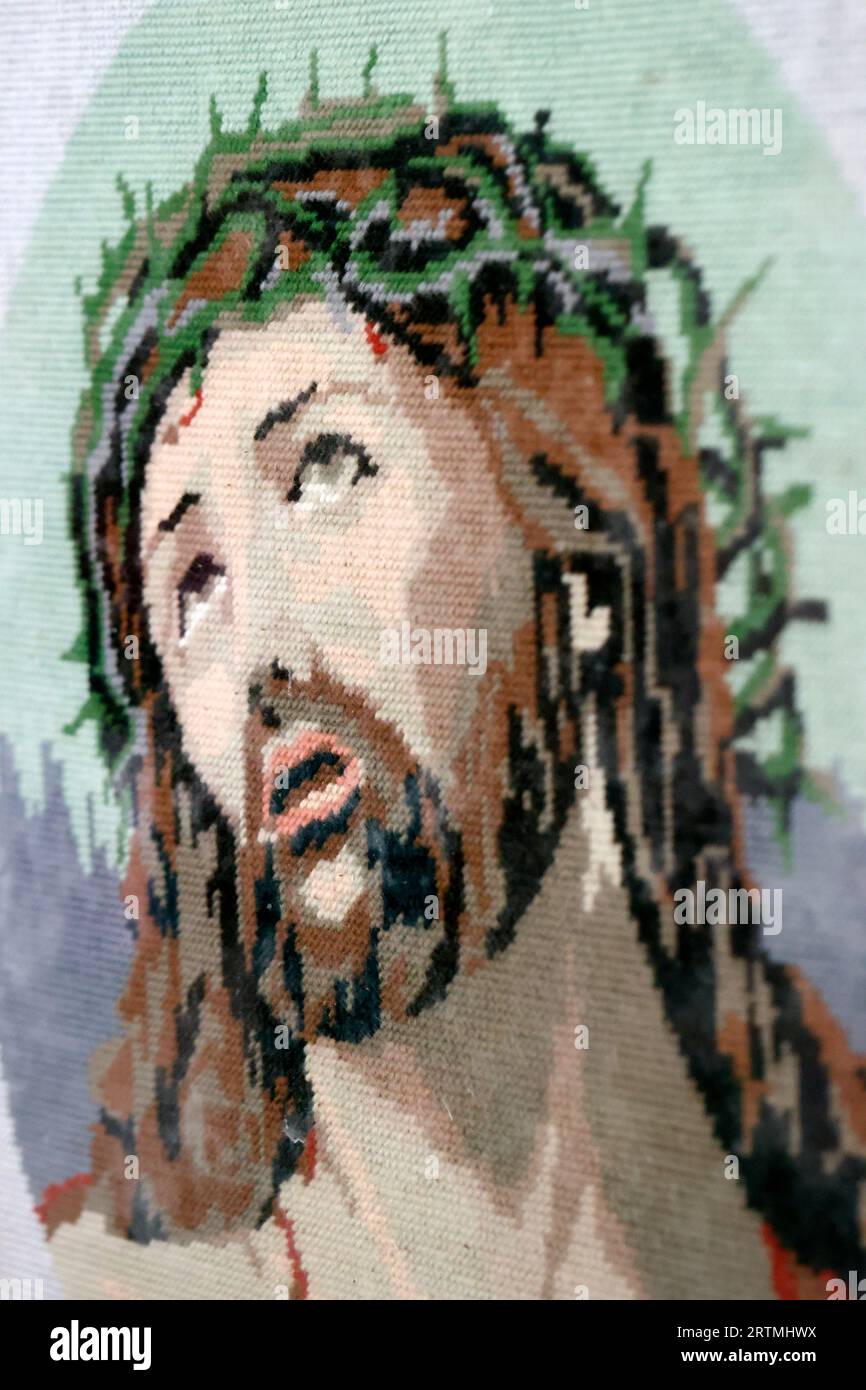 Embroidery of Jesus with the crown of thorns. Passion of Christ. France ...