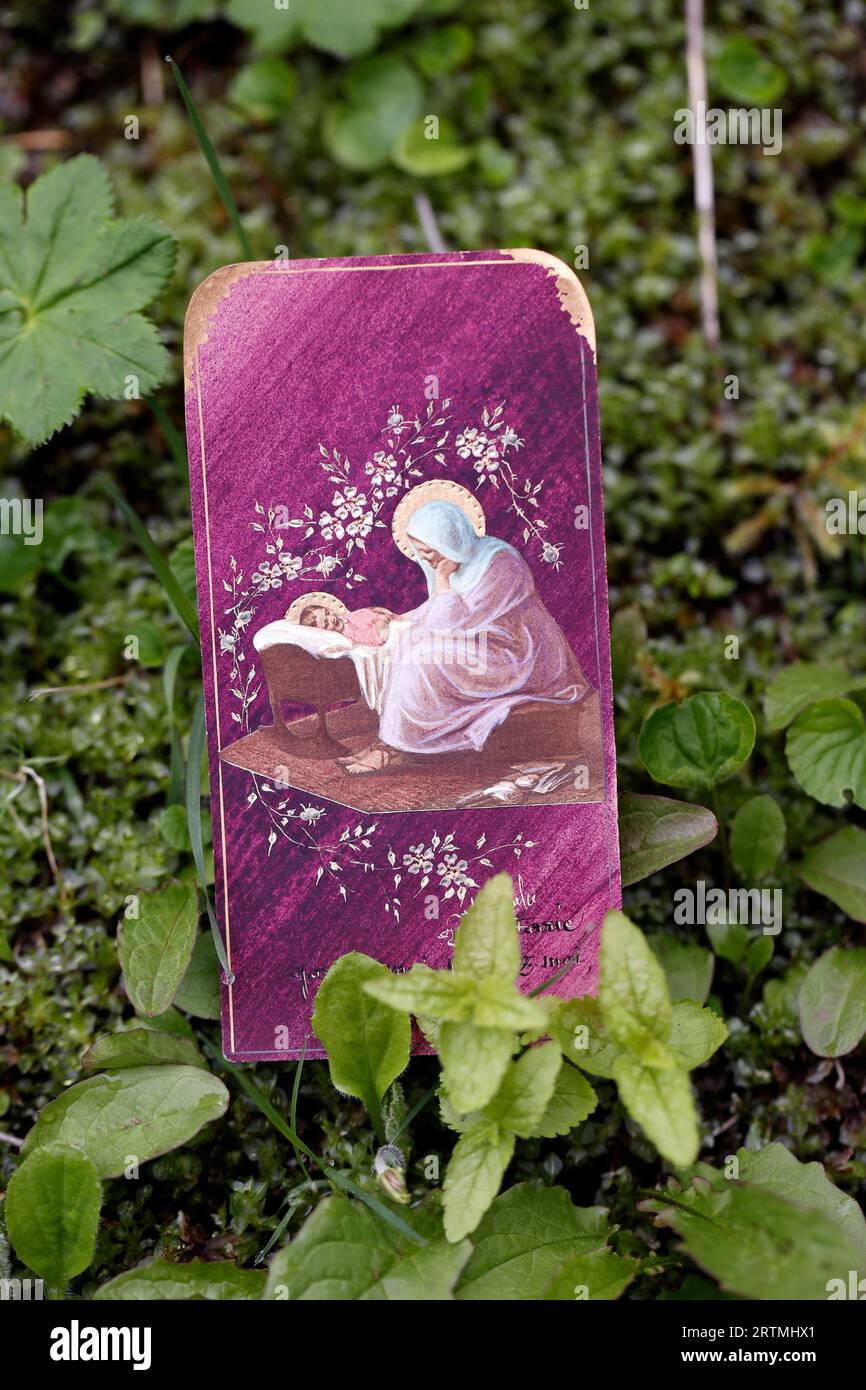 Nativity holy image. Virgin Mary and infant Jesus. France Stock Photo ...