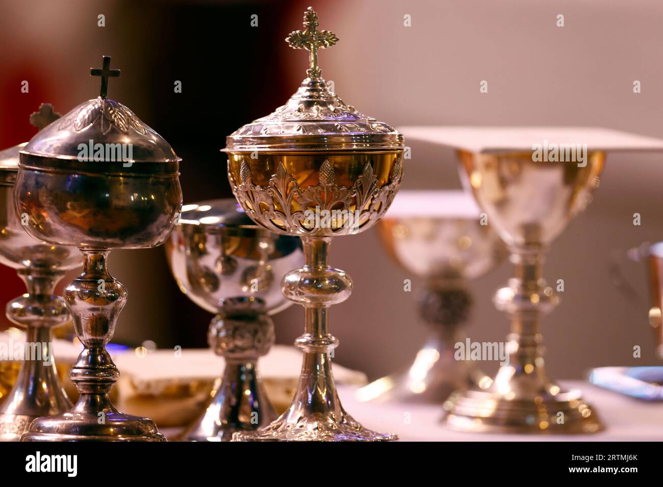 Saint Francois de Sales Basilica. Sunday mass. Eucharist table with ...