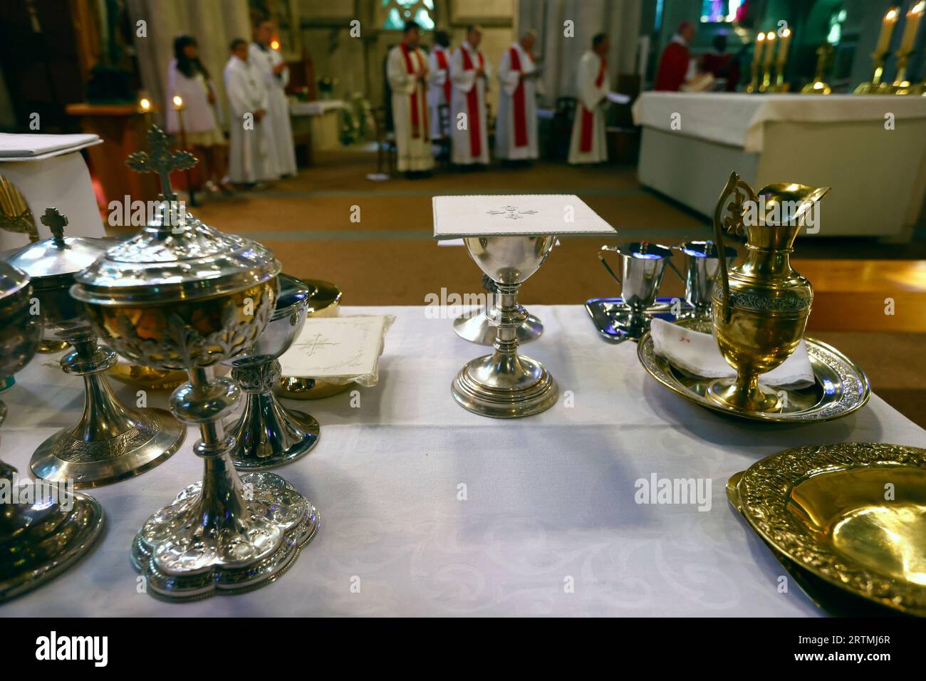 Saint Francois de Sales Basilica. Sunday mass. Eucharist table with ...