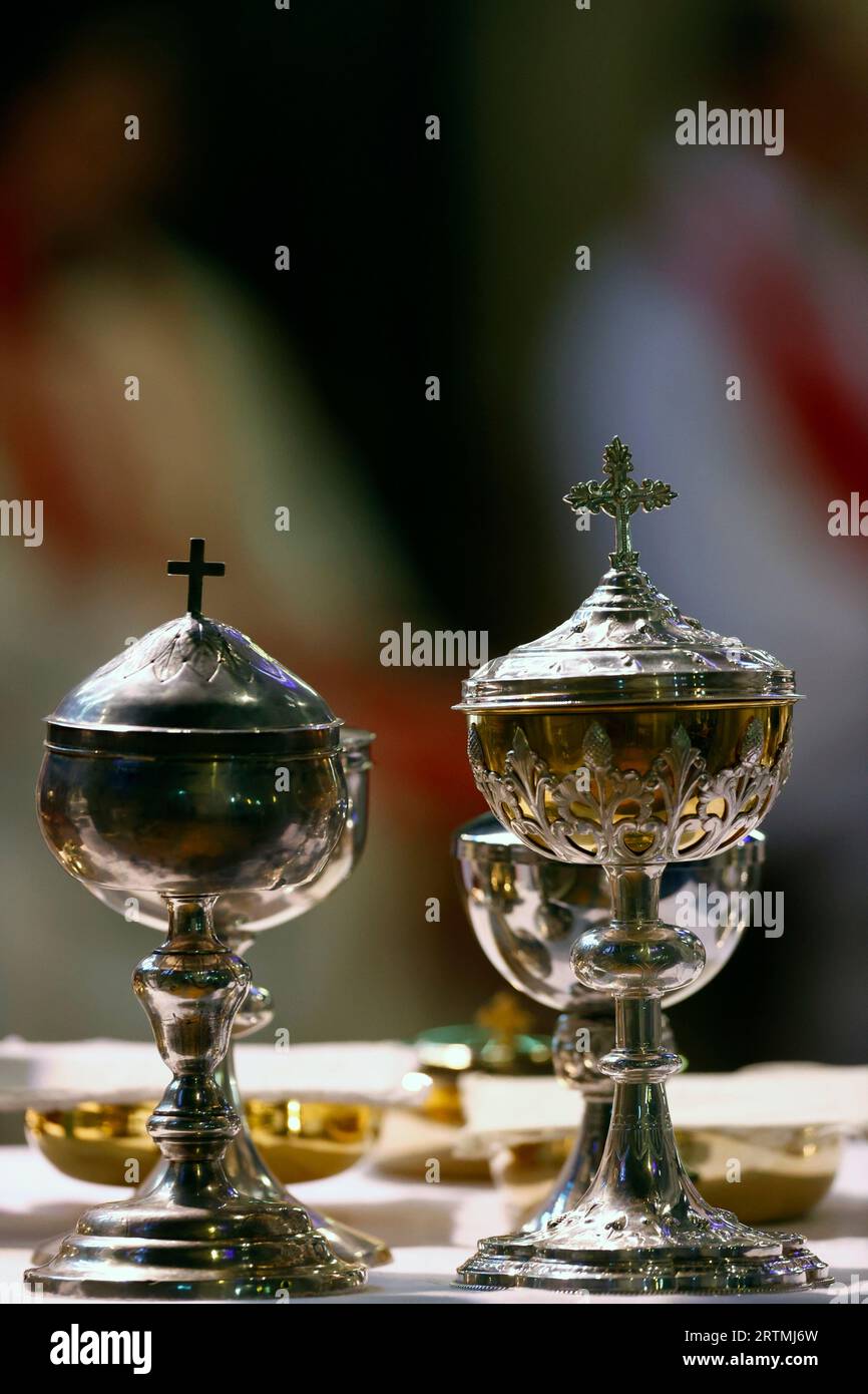 Saint Francois de Sales Basilica. Sunday mass. Eucharist table with ...