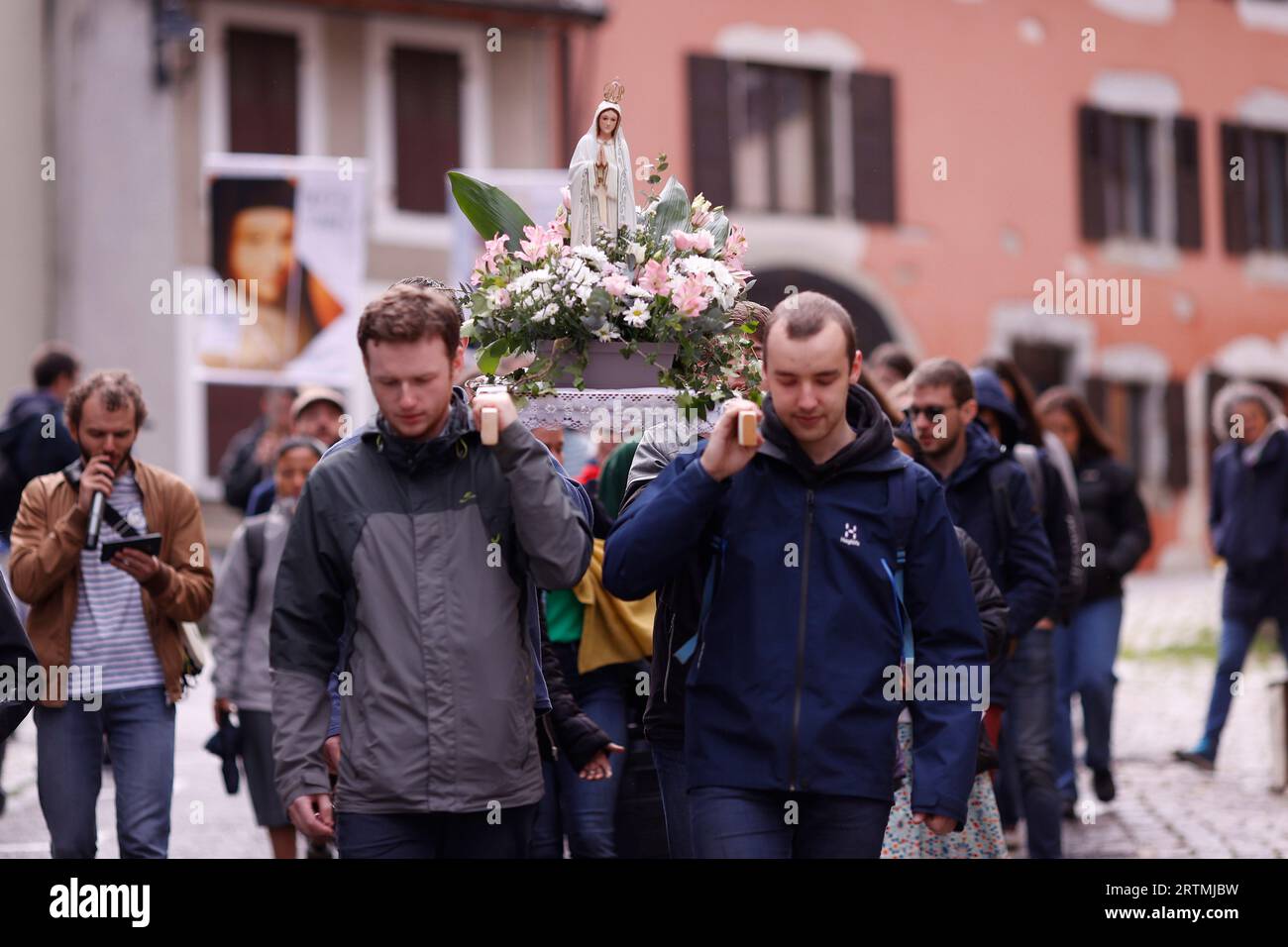Saint Maurice church. Catholic mass. The statue of Our Lady of Fatima ...