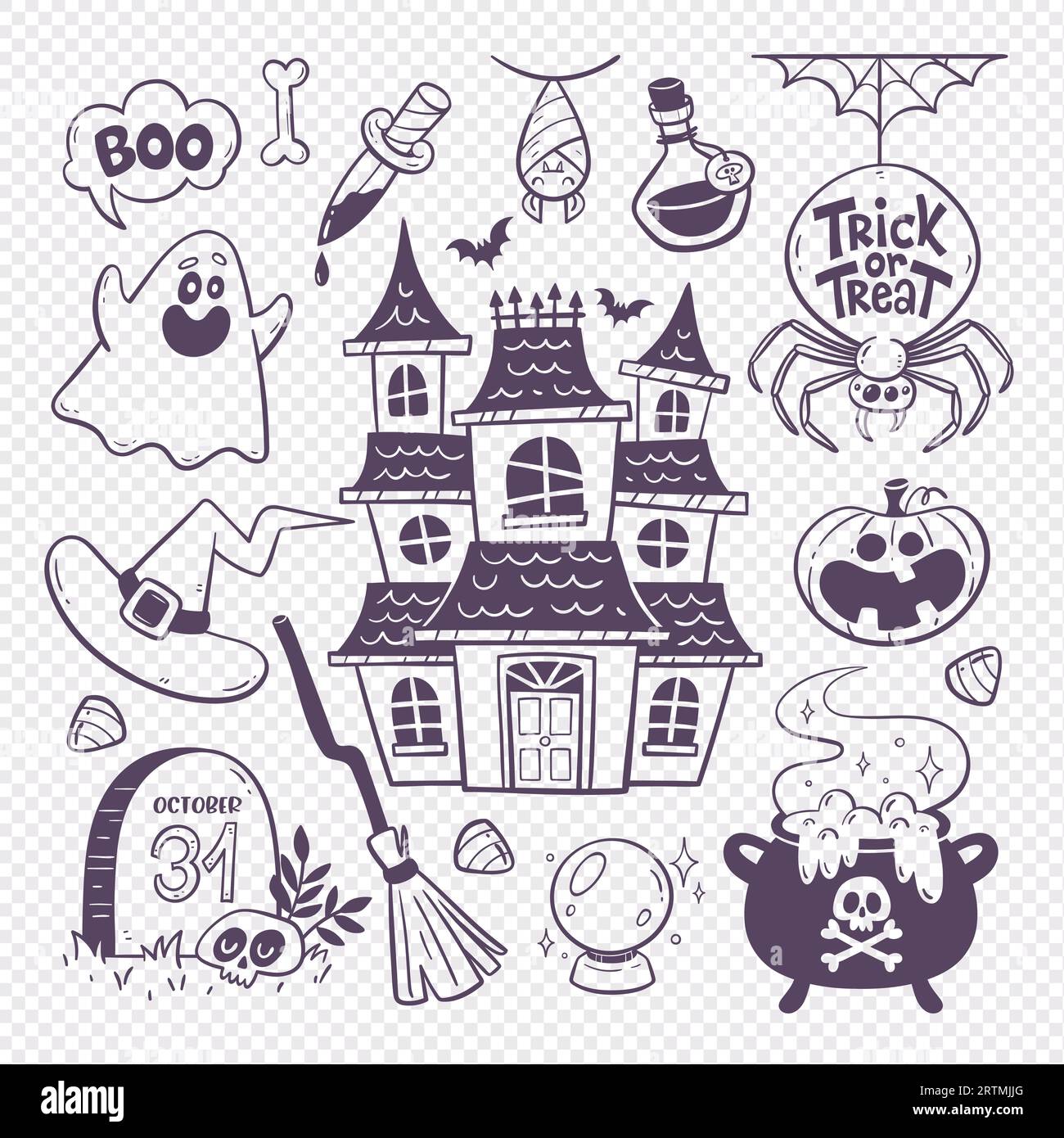 Cute Halloween doodle illustration with 15 isolated hand-drawn cliparts ...