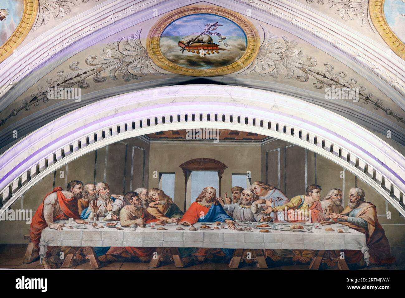 Saint-Jacques church. Passion of Christ. The last supper. Jesus and his apostles. Painting ...