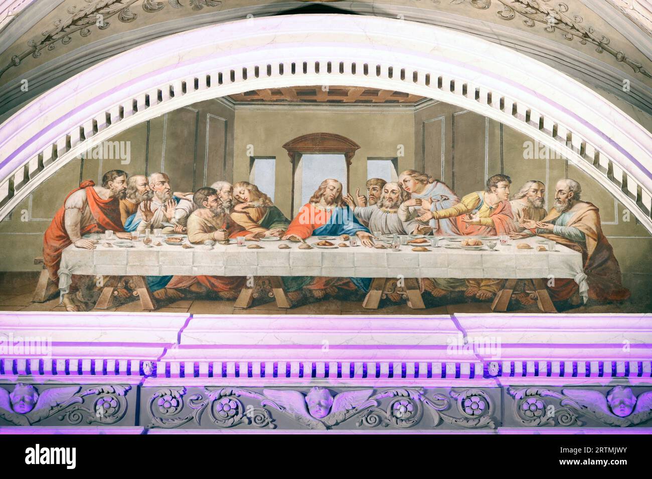 Saint-Jacques church. Passion of Christ. The last supper. Jesus and his apostles. Painting ...