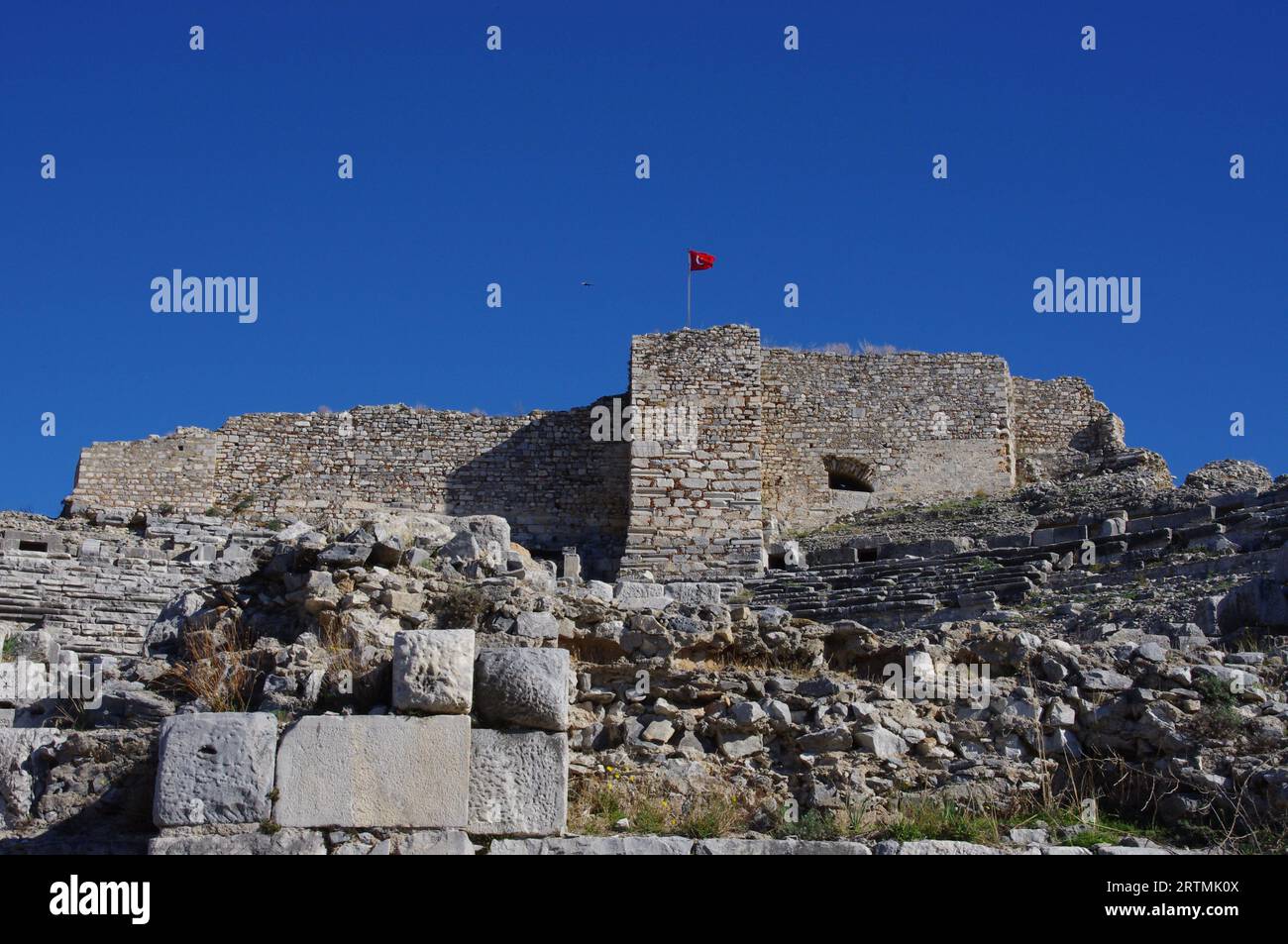 Turkish flag flying over the Ruins of ancient Miletus. Didim, Aydın ...