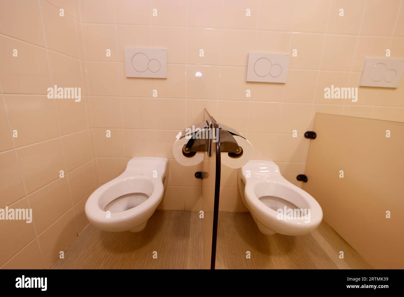 Interior of a bathroom with the toilets of a school. Saint-Gervais Mont ...