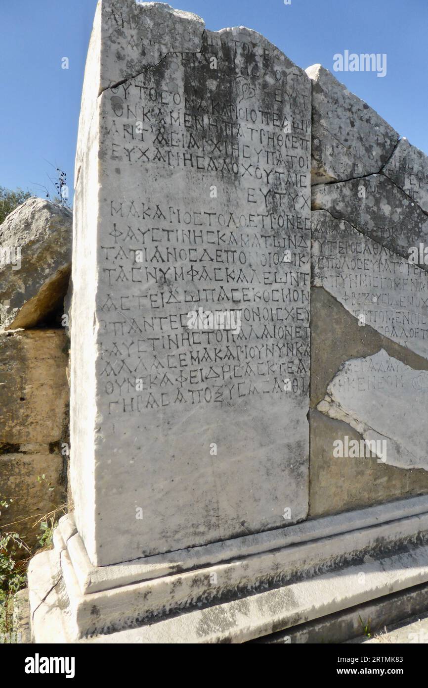 Greek Text on a marble slab in Ruins of ancient Miletus. Didim, Aydın ...