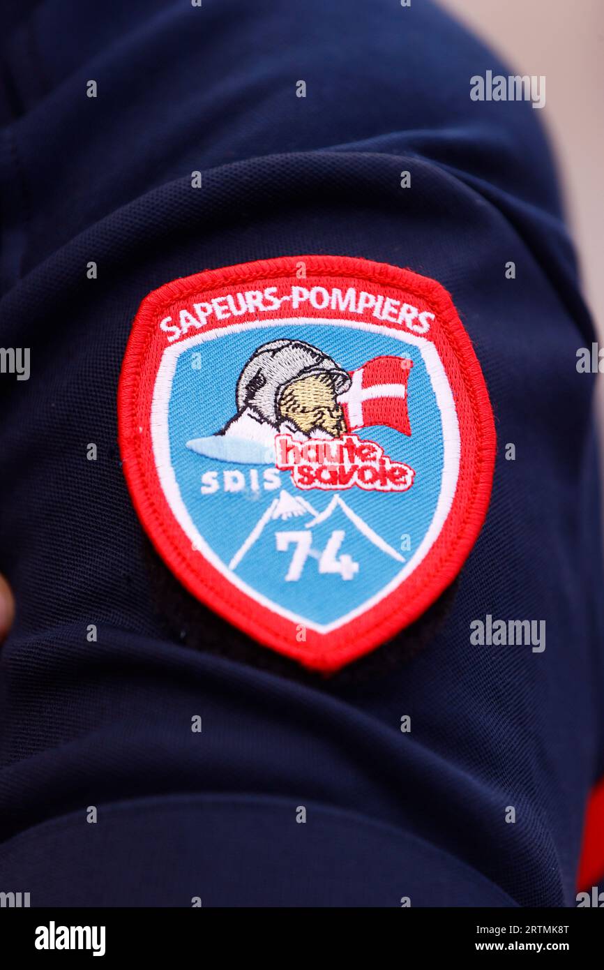 French Firefighter crest. Sapeurs-pompiers SDIS 74. Close up. France ...