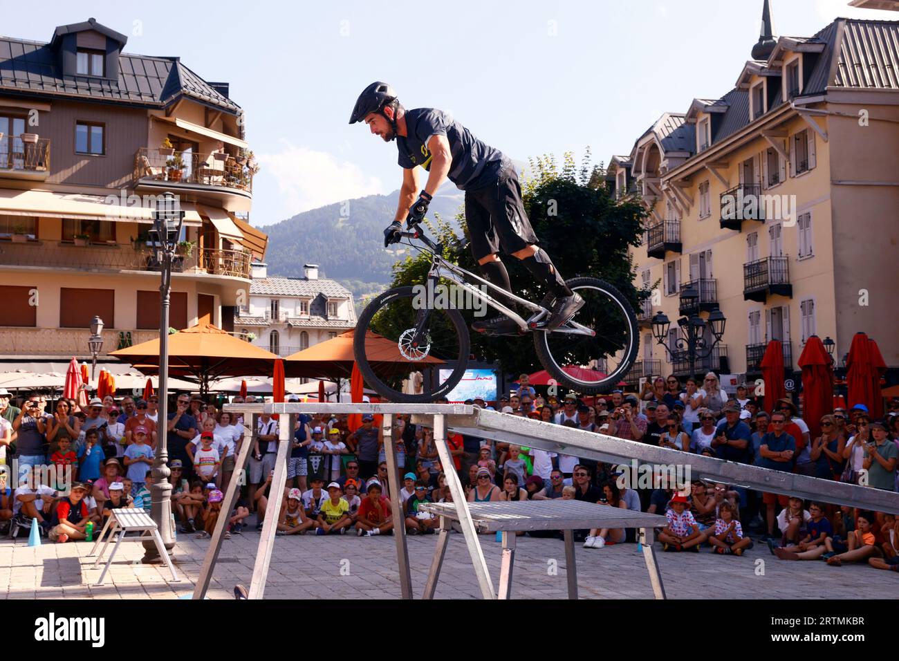 Animation during the Tour de France 2023. Mountain bike show. Saint Gervais Mont-Blanc. France ...