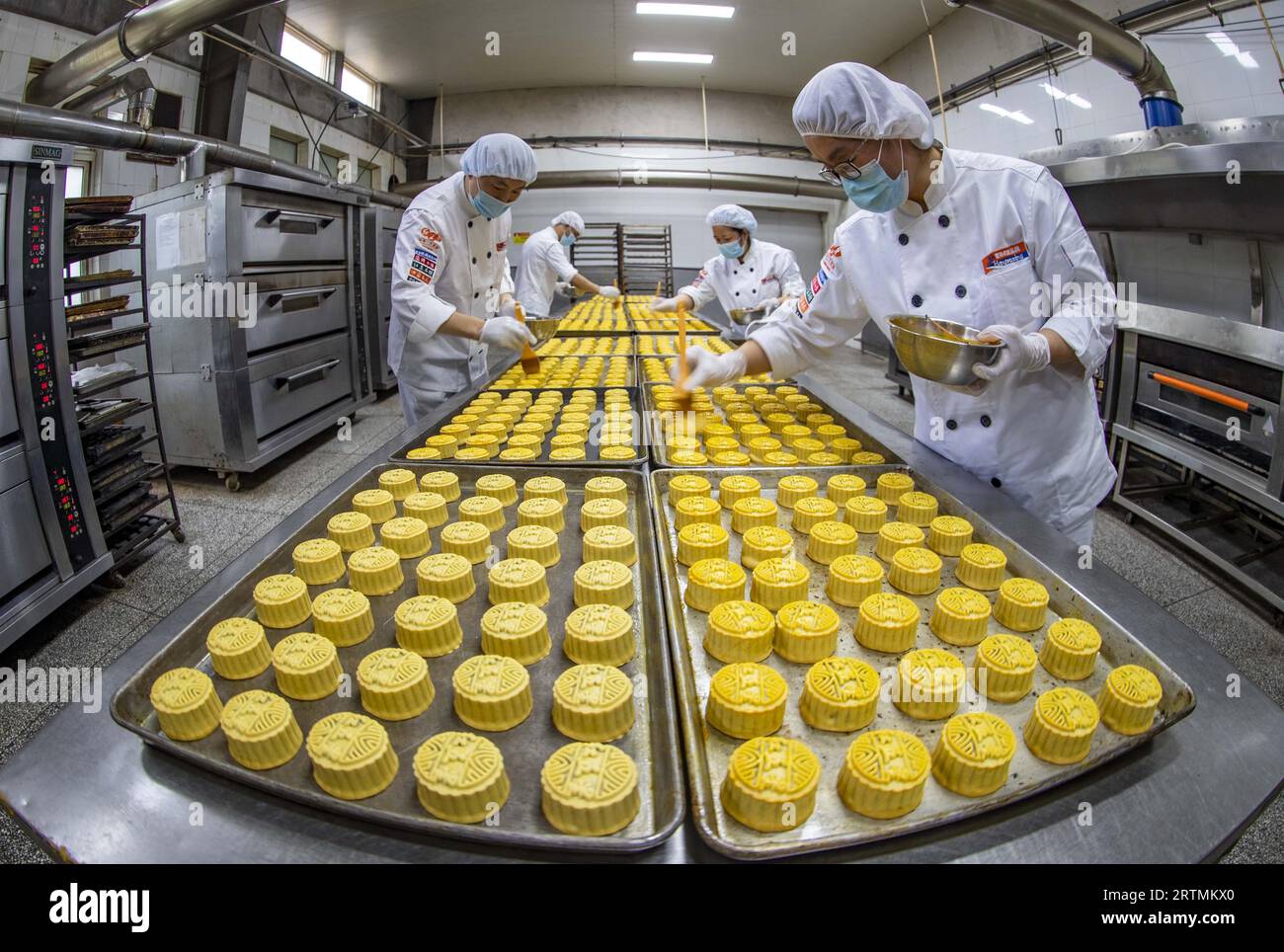 Employees make mooncakes at a food processing company in Taizhou City ...
