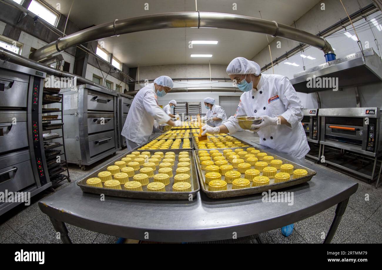 Employees make mooncakes at a food processing company in Taizhou City ...
