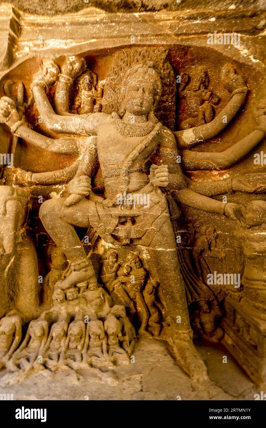 Ellora caves, a UNESCO World Heritage Site in Maharashtra, India. Shiva ...