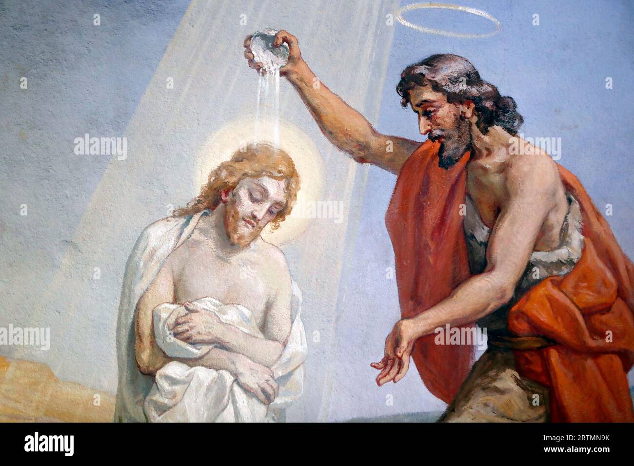 Saint-Grat church. Painting. The baptism of Jesus with John the Baptist. Valgrisenche. Italy ...