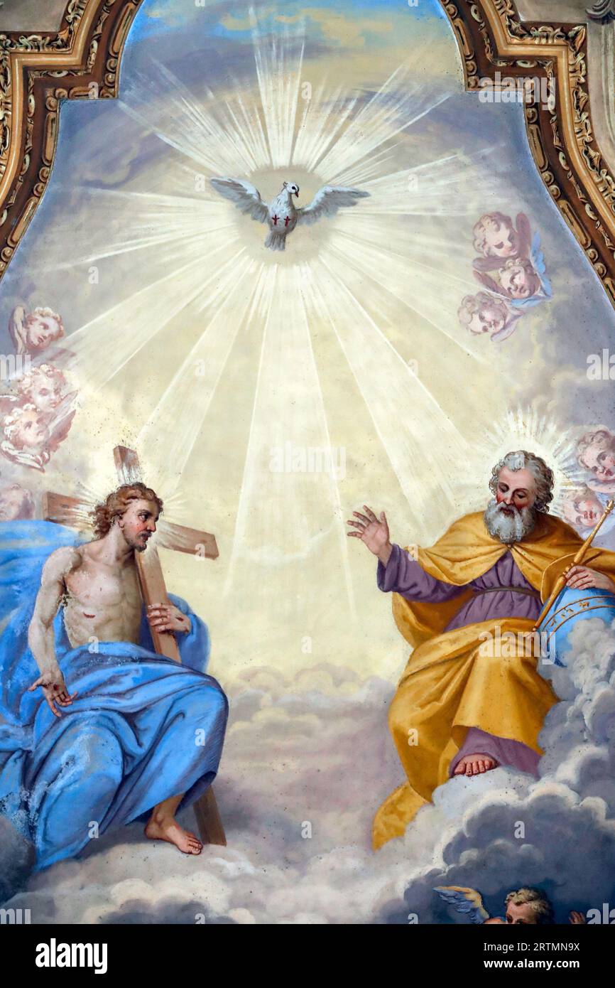 Saint-Grat church. Ceiling painting. Holy Trinity. The Father, Jesus ...