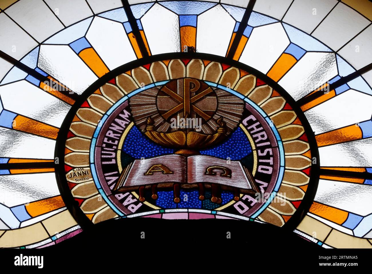 Saint-Grat church. Stained glass window. Alpha and Omega. Symbols ...