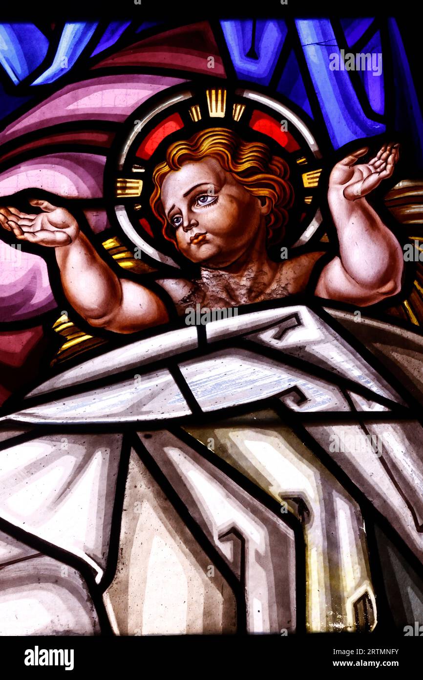 Nossa Senhora da Conceicao church. Stained glass window. Nativity of ...