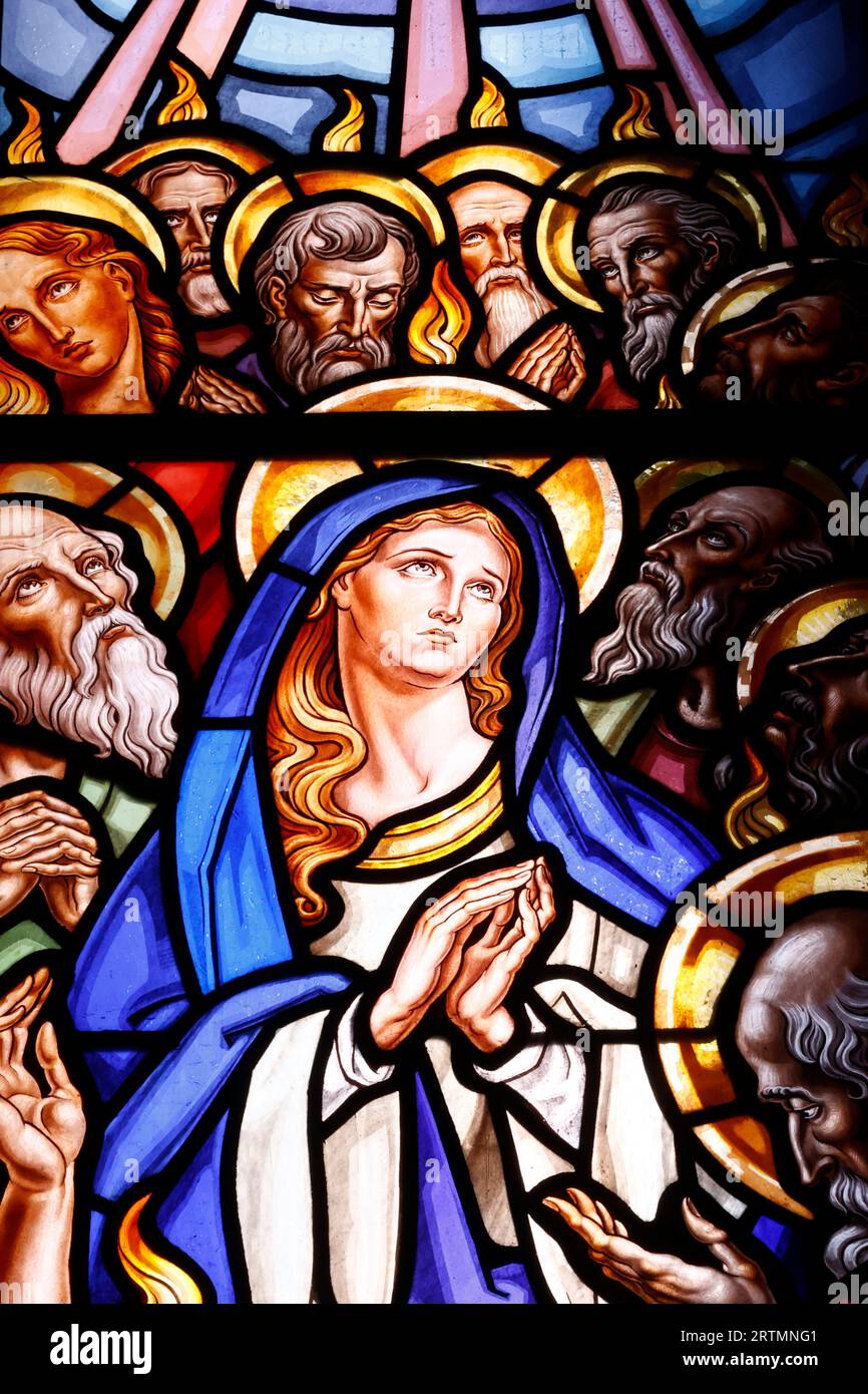 Nossa Senhora da Conceicao church. Stained glass window. The descent of ...