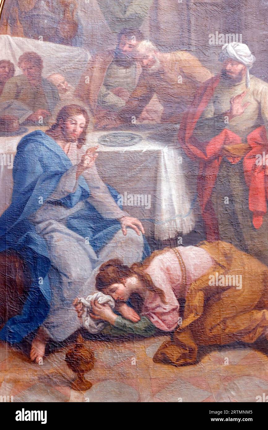 Sanctuary of Bom Jesus do Monte. Mary Magdalene washing the feet of Jesus Christ and drying them ...