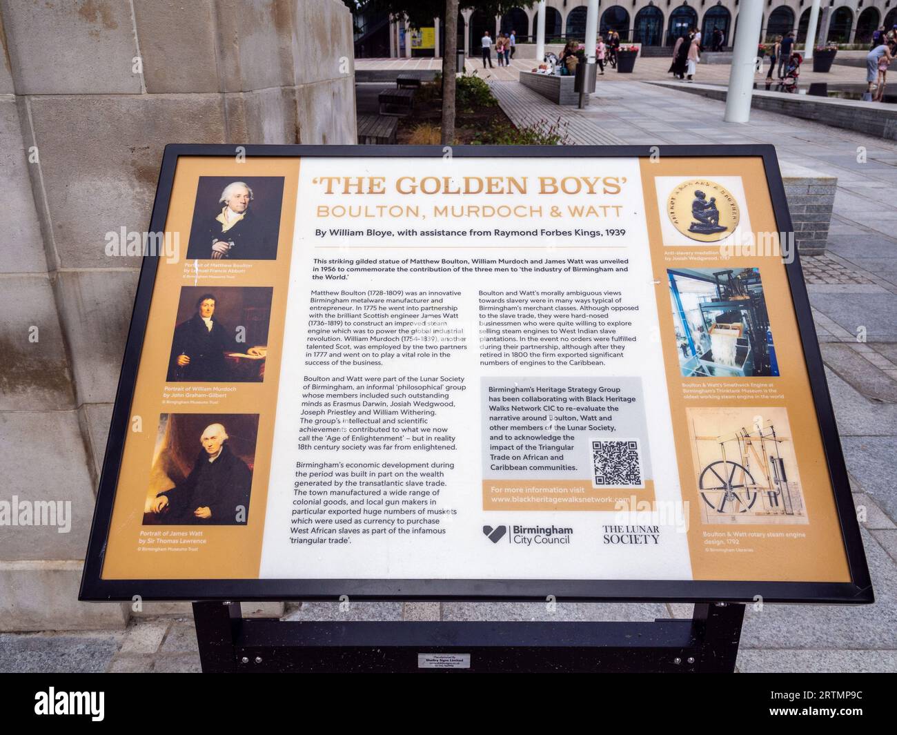 Information board for the Golden Boys, a gilded bronze statue featuring Matthew Boulton, James ...