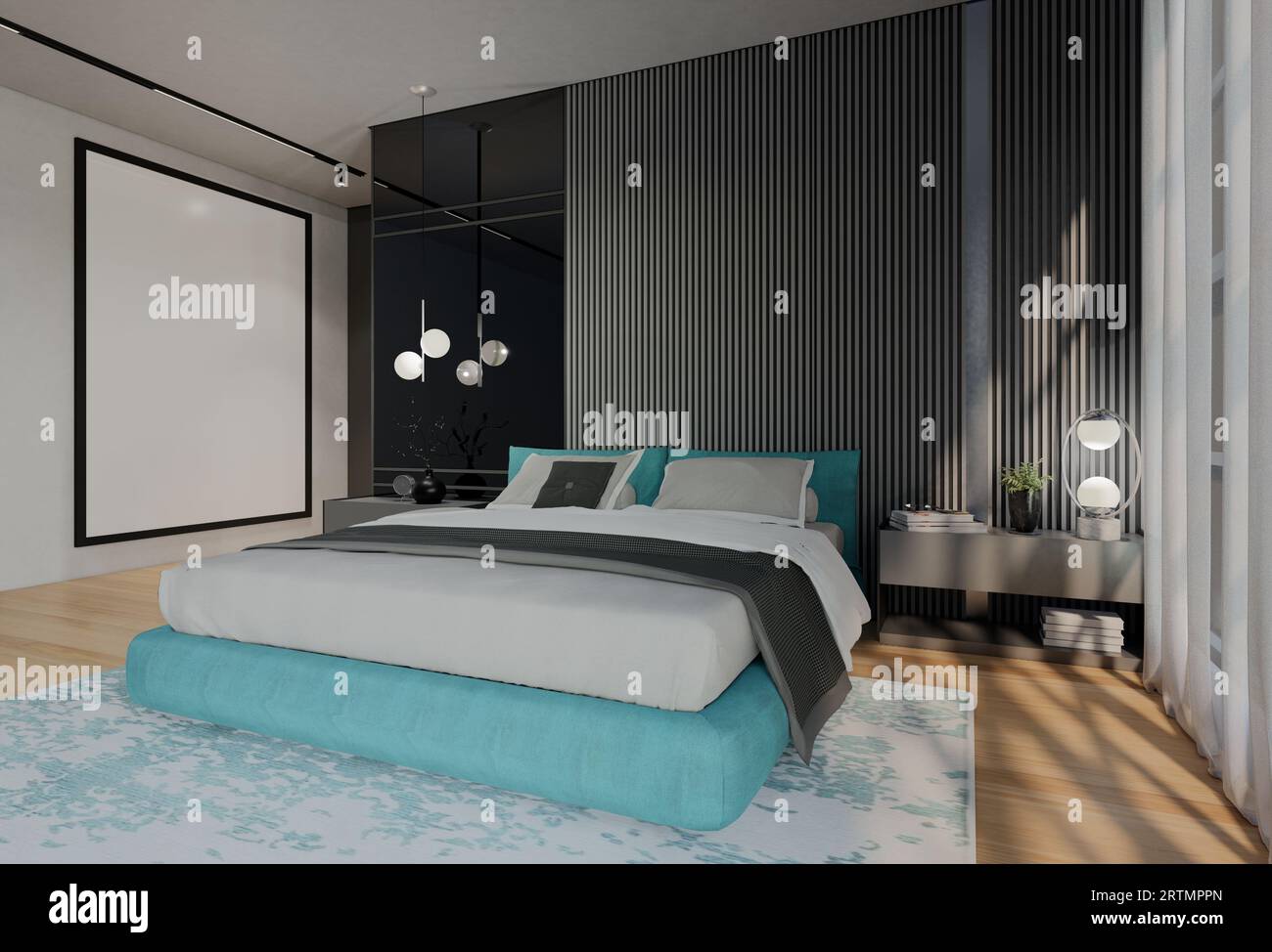 Modern Luxury Bedroom with powder blue Color. 3D Illustration Render ...