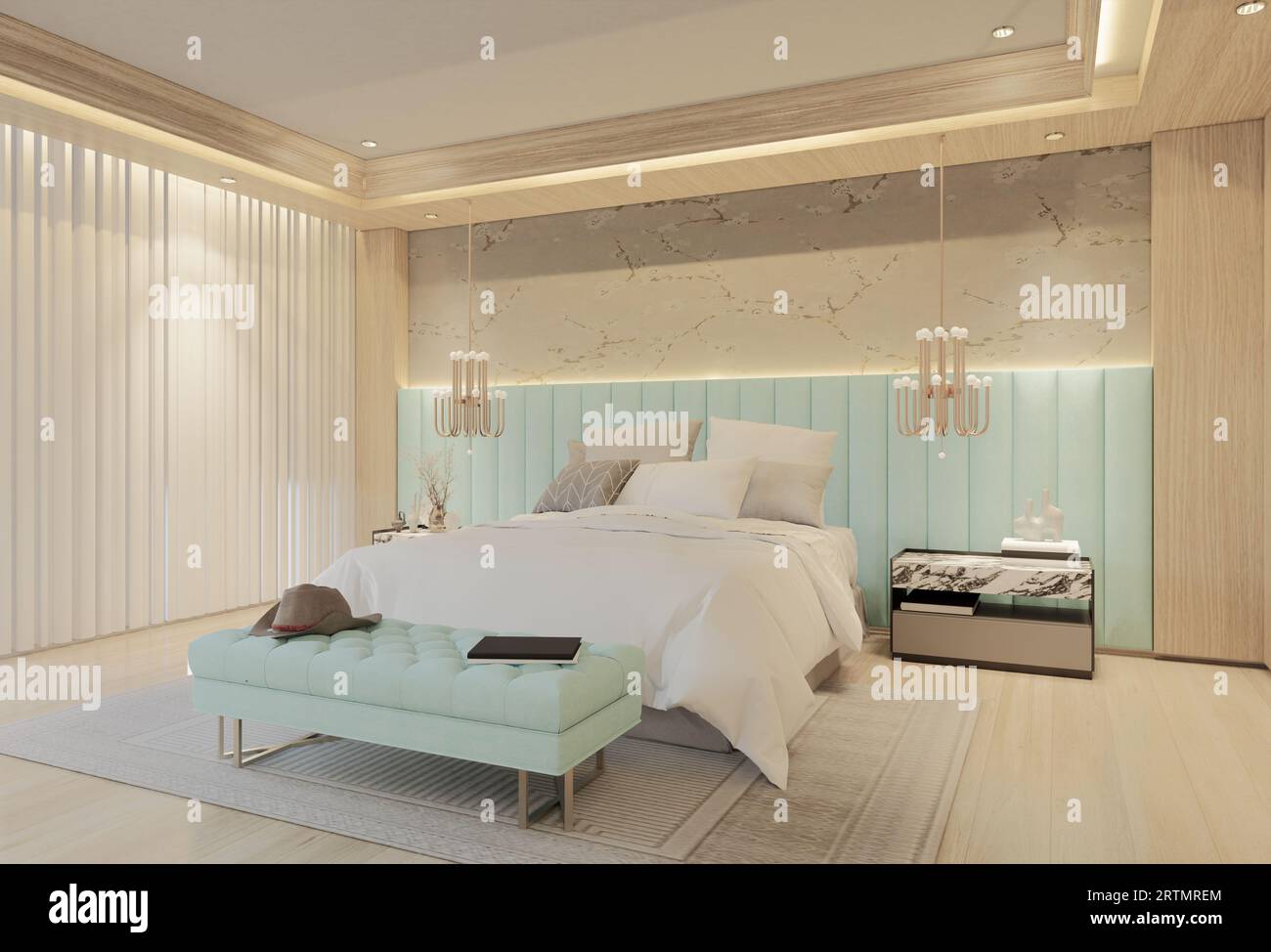 Modern Luxury Bedroom with powder blue Color. 3D Illustration Render ...
