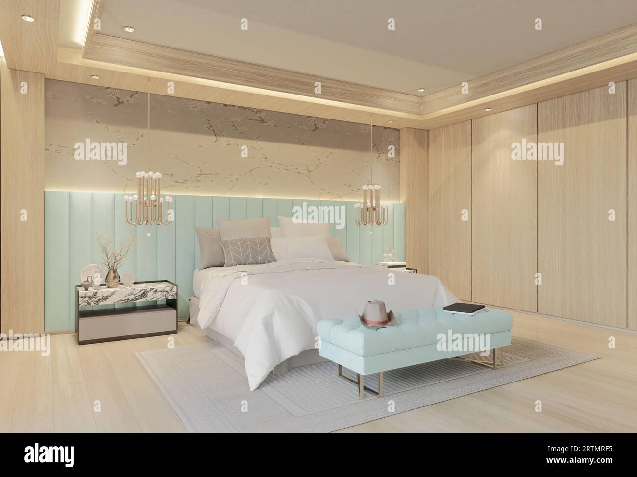 Modern Luxury Bedroom with powder blue Color. 3D Illustration Render ...