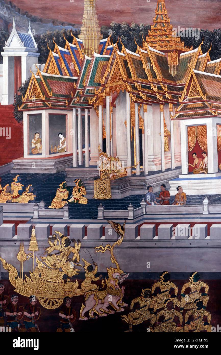 Wat Phra Kaew temple. Scene from the Ramakien (Thai Ramayana) in a ...