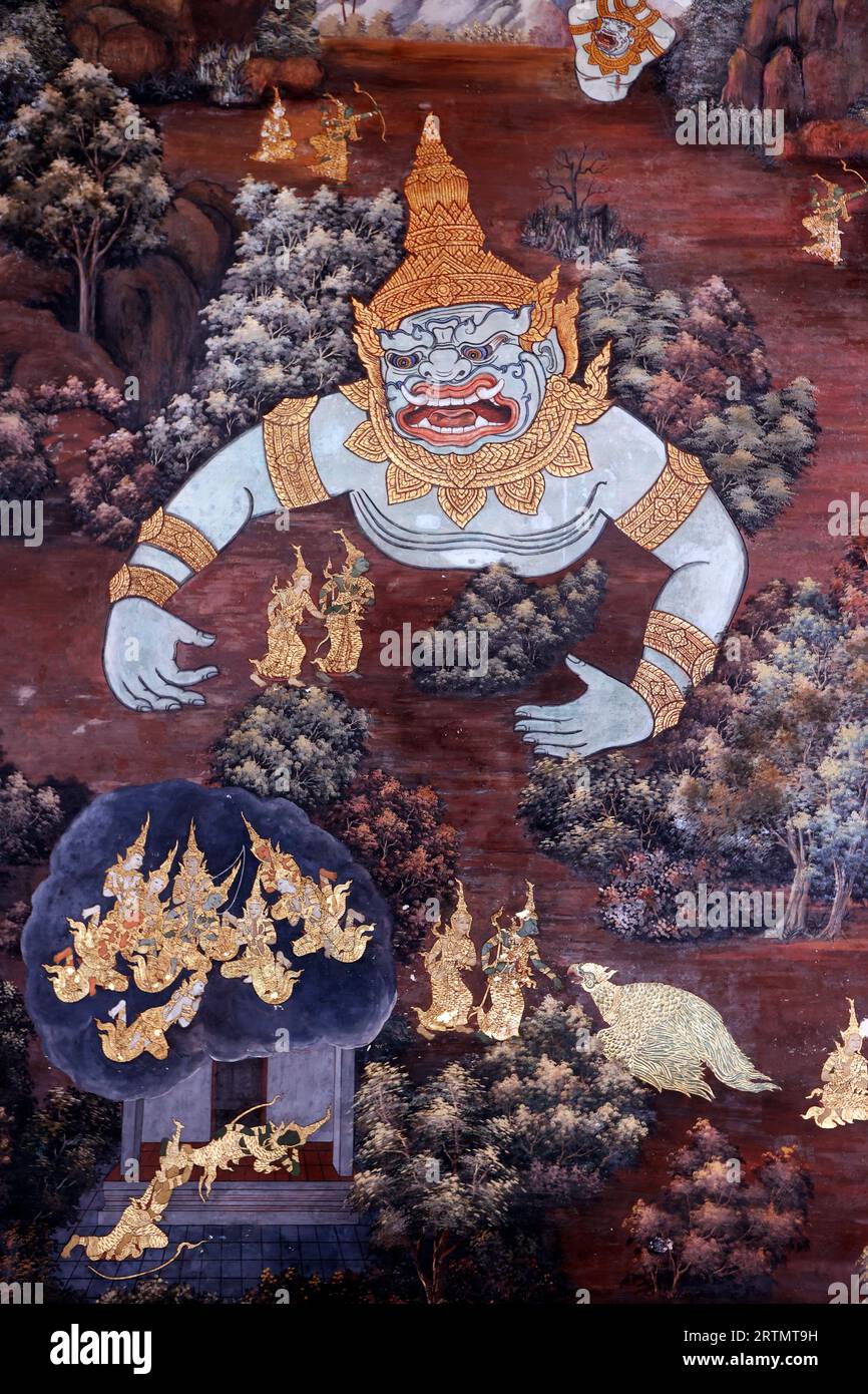 Wat Phra Kaew temple. Scene from the Ramakien (Thai Ramayana) in a ...