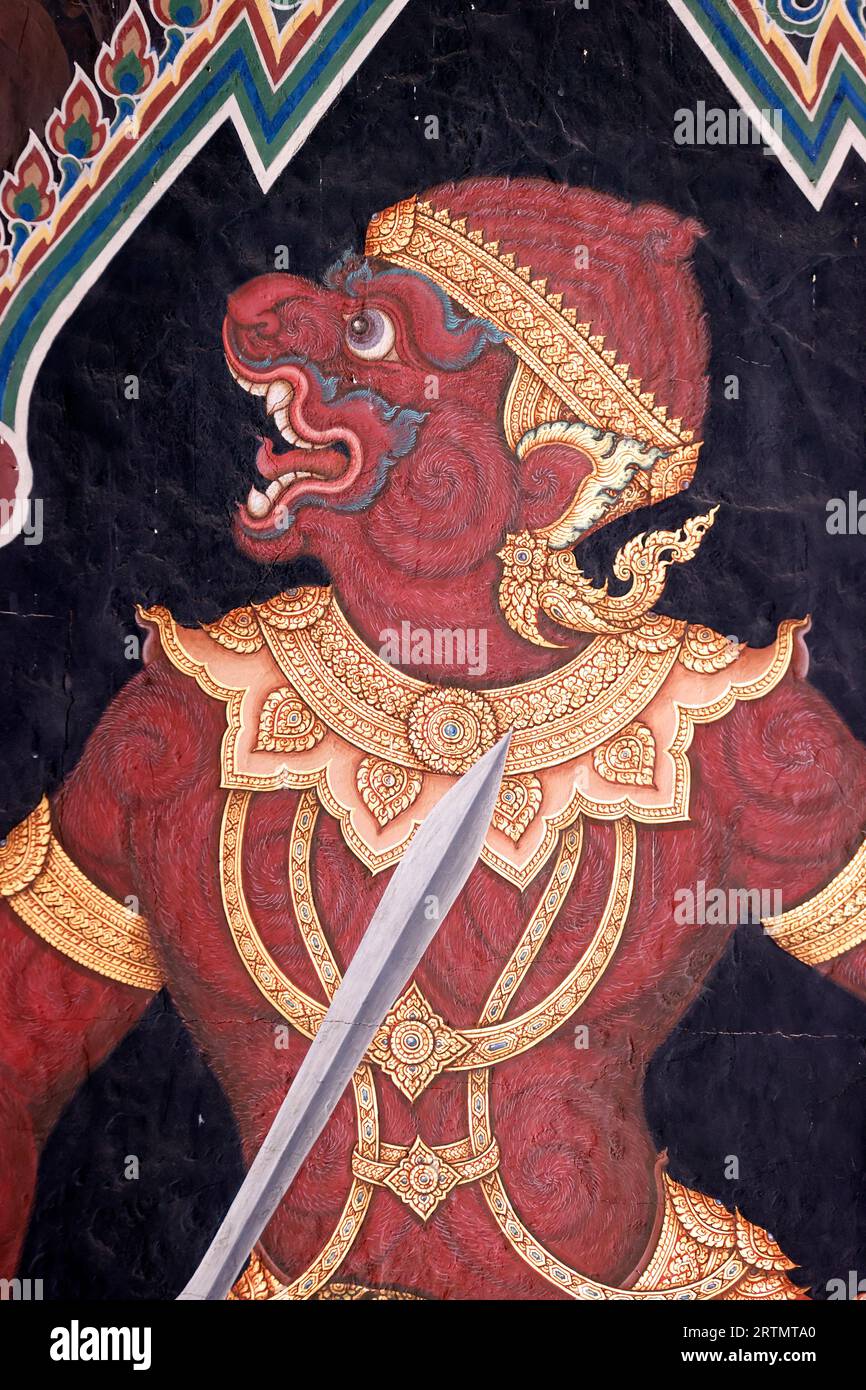 Painting of monkey deity Hanuman. Wat Phra Kaew temple. Bangkok ...