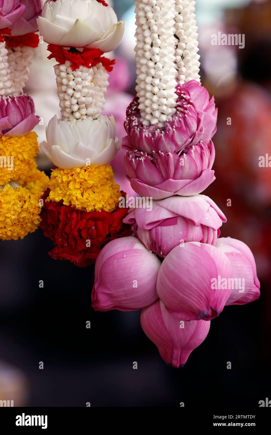 Indian flower shop at Sri Maha Mariamman Temple. Flower garlands used ...