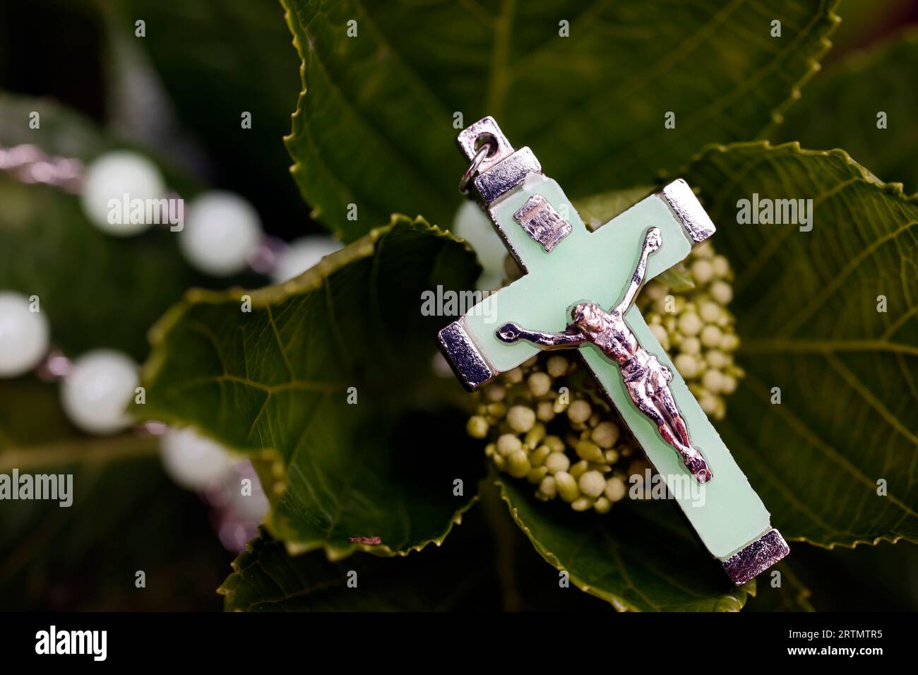 Catholic rosary beads with jesus on green leaves . Pray in nature Stock ...
