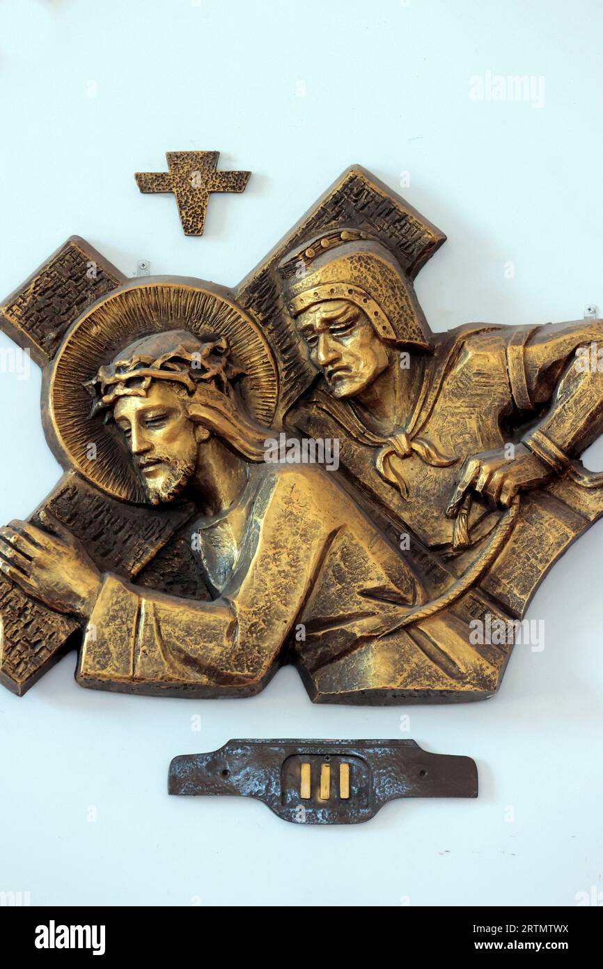 Catholic church. Way of the cross. Passion of Christ. Jesus falls the ...