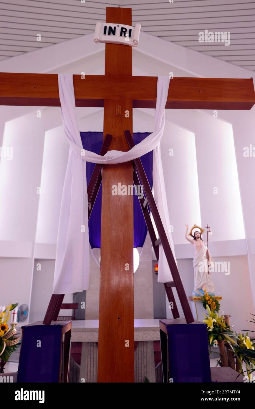 Lent and Holy Week. Sacred image covered with purple fabric. Religious ...