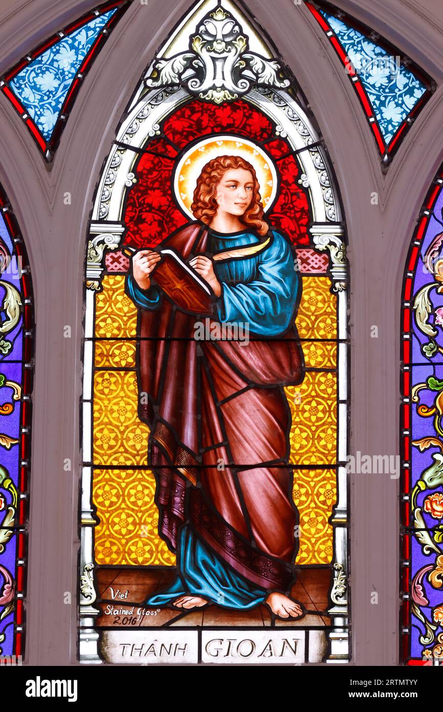 Thi Nghe catholic Church. Stained glass window. Saint John the Apostle ...