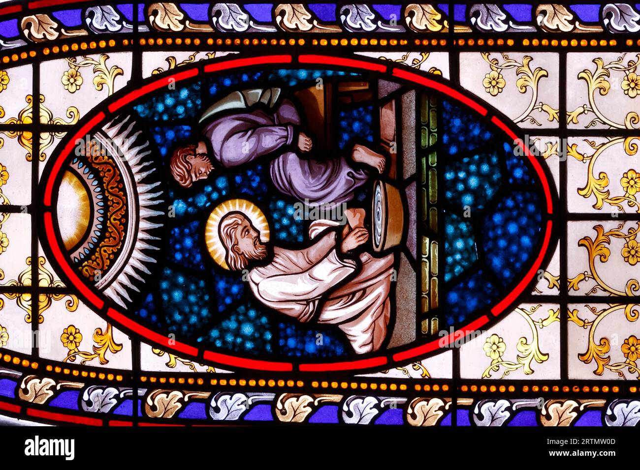 Thi Nghe catholic Church. Stained glass window. Jesus Christ Washing the Feet of the Apostles ...