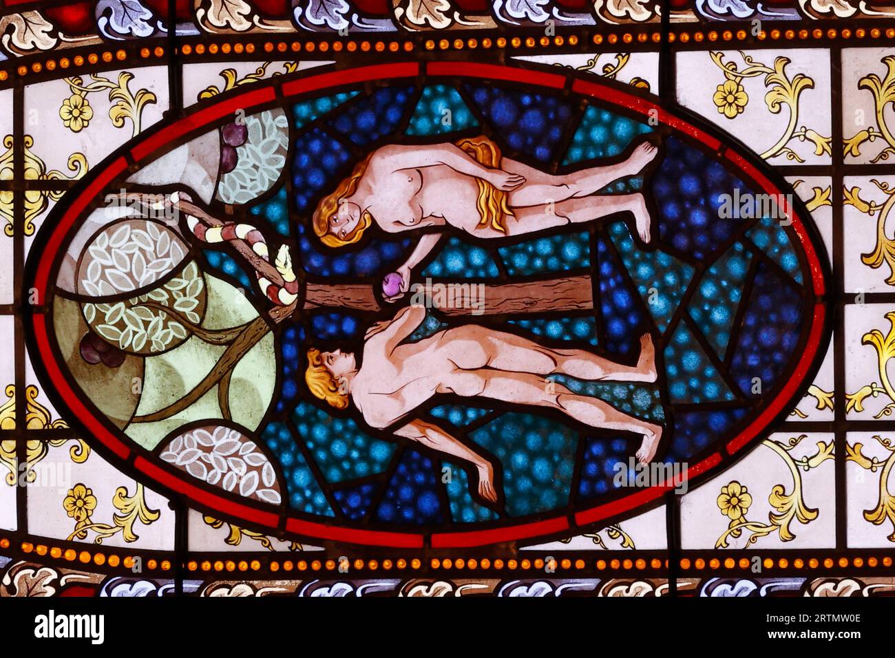 Thi Nghe catholic Church. Stained glass window. Adam and Eve in the Garden of Eden. Ho Chi Minh ...