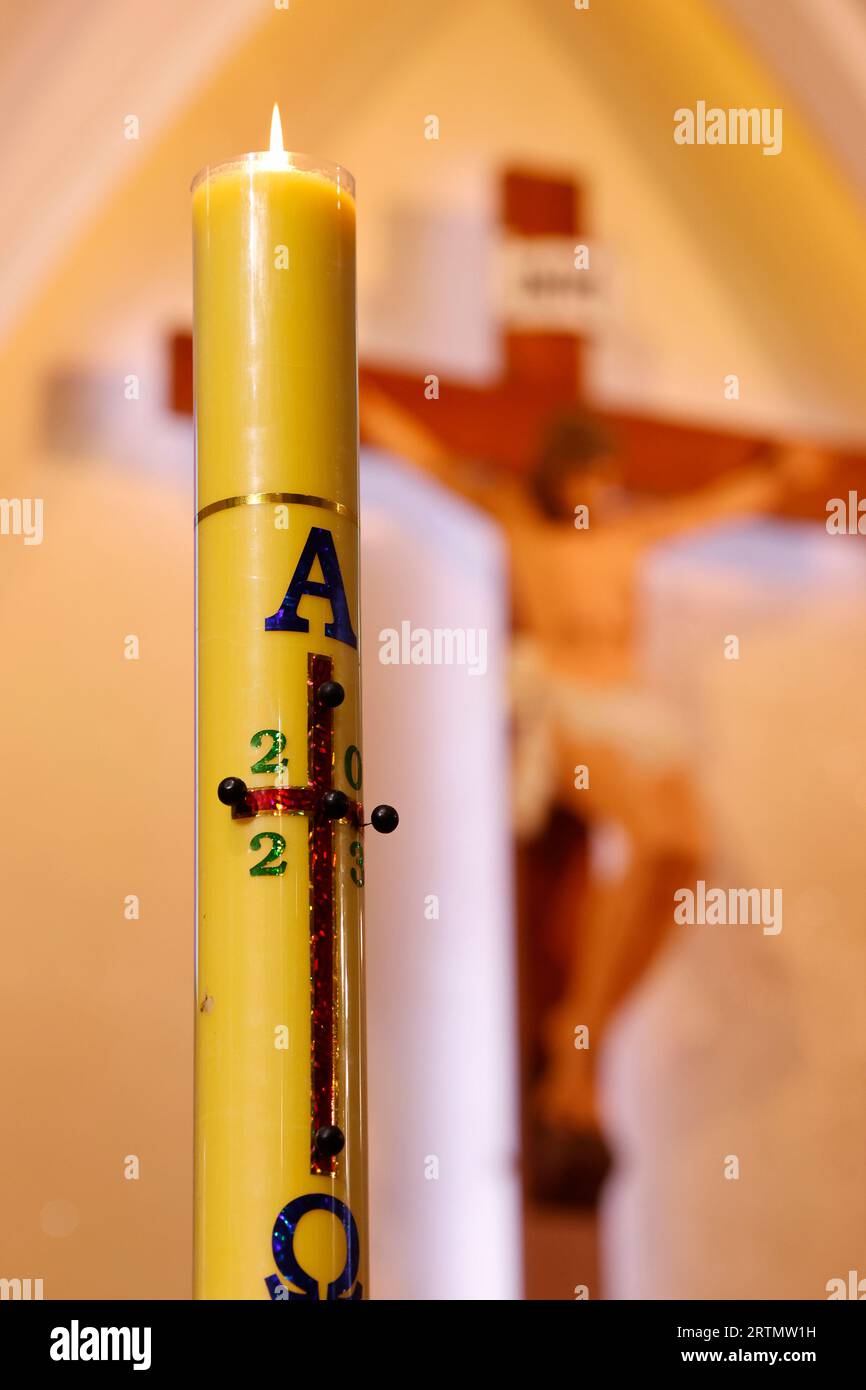 Catholic church. Paschal candle is a large white candle used every year ...