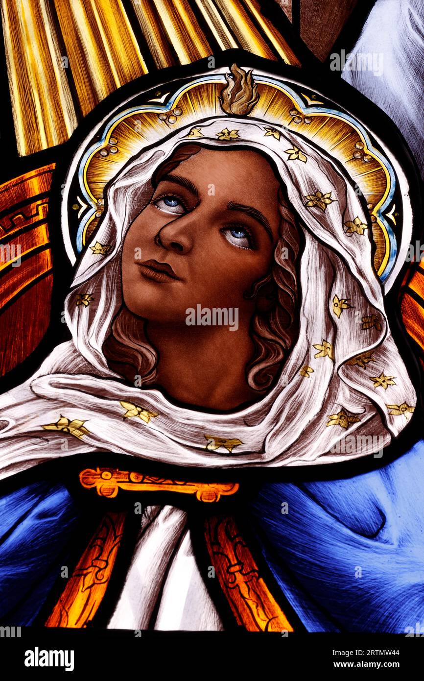 Saint Nicholas Cathedral Dalat. Stained glass window. The Virgin Mary ...